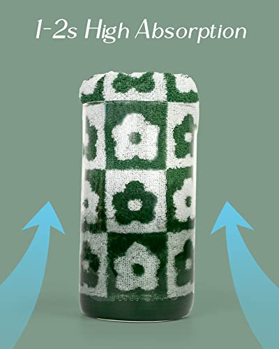 Hand Towels Checkered Floral - Set of 4 Soft Face Towels for Bathroom, Large Size 13β x 29β, Dark Olive Green
