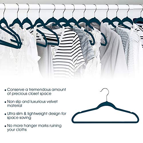 Elama 100 Piece Set of Velvet Slim Profile Heavy Duty Felt Hangers with Stainless Steel Swivel Hooks in Blue