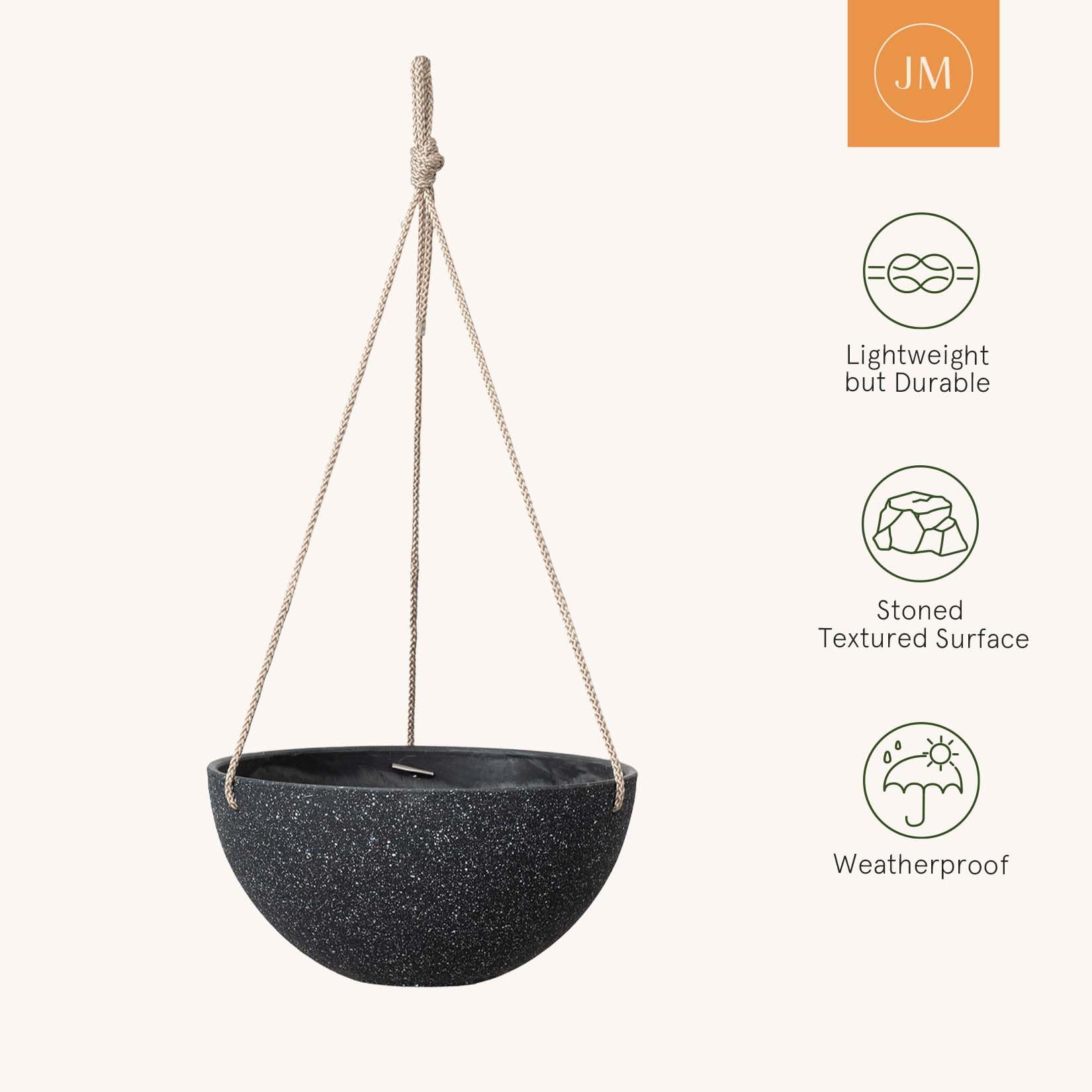 LA Jolie Muse Hanging Planters for Outdoor Plants - 10 Inch Indoor Flower Pots with Drainage, Plants Pots, Speckled-Black, Set of 2