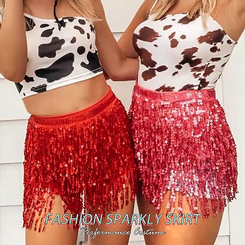 Victray Women Sparkle Sequin Skirt Belly Dance Mini Skirt Fringe Skirts Rave Hip Scarf Party Costume (Red)