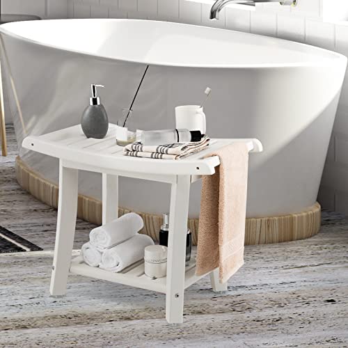 COSTWAY Shower Bench for Inside Shower, Waterproof Shower Seat Stool with Storage Shelf for Shaving Legs and SPA, Bath Shower Chair for Seniors Adults Disabled (Creamy White)