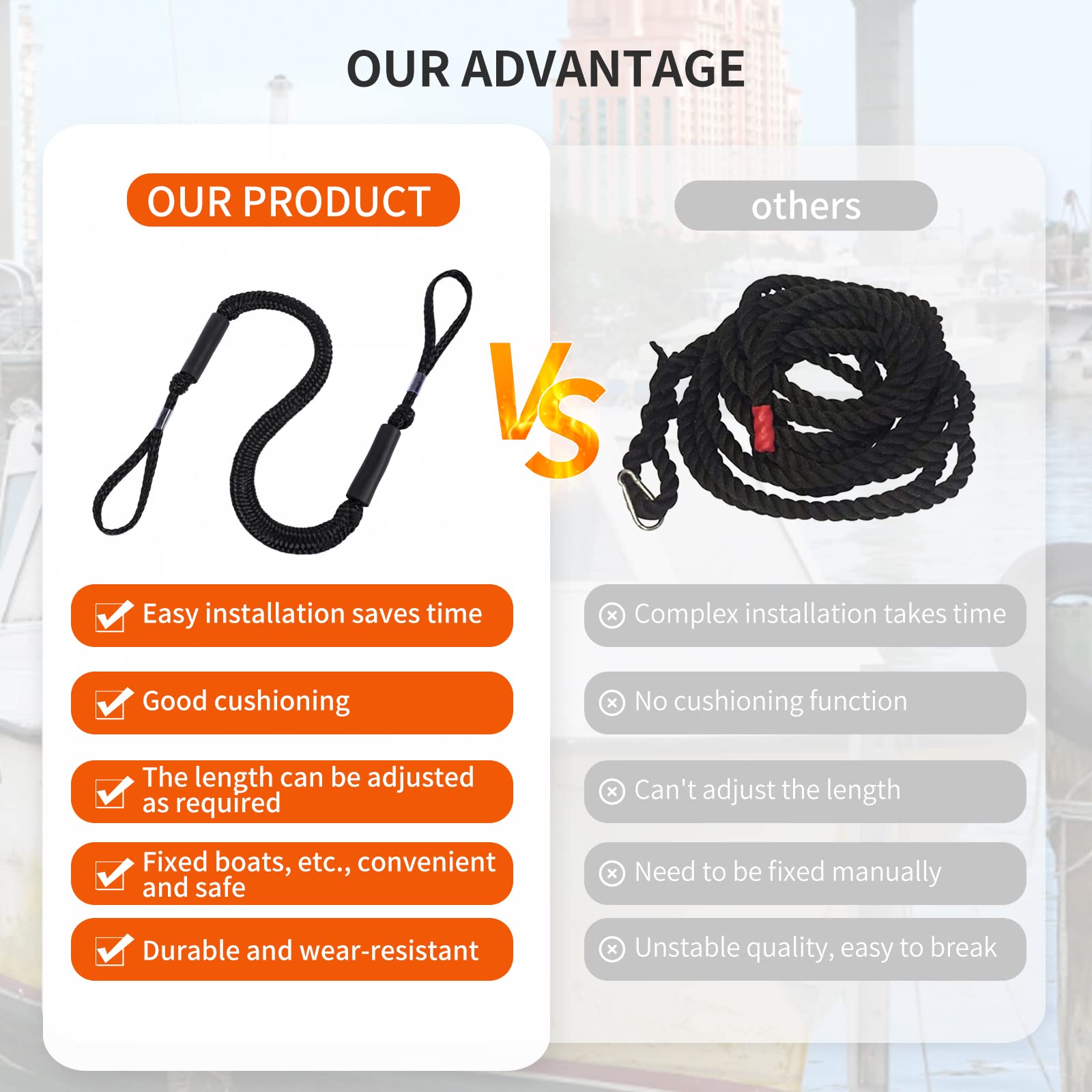 Bungee Dock Lines - Boat Accessories - 4 Feet Bungee Shock Cords Bungee Docking Rope Mooring Rope for Boat,PWC,Jet ski,Pontoon,Kayak,Canoe,Power Boat,Watercraft (4 Packs)