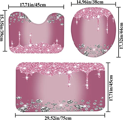 Glitter Diamond Shower Curtain for Bathroom Set Decor with Non-Slip Rugs Bath U-Shaped Mat Toilet Lid Cover Pink Bathroom Curtains Shower Set with 12 Hooks, Glitter Siamond Bathroom Set