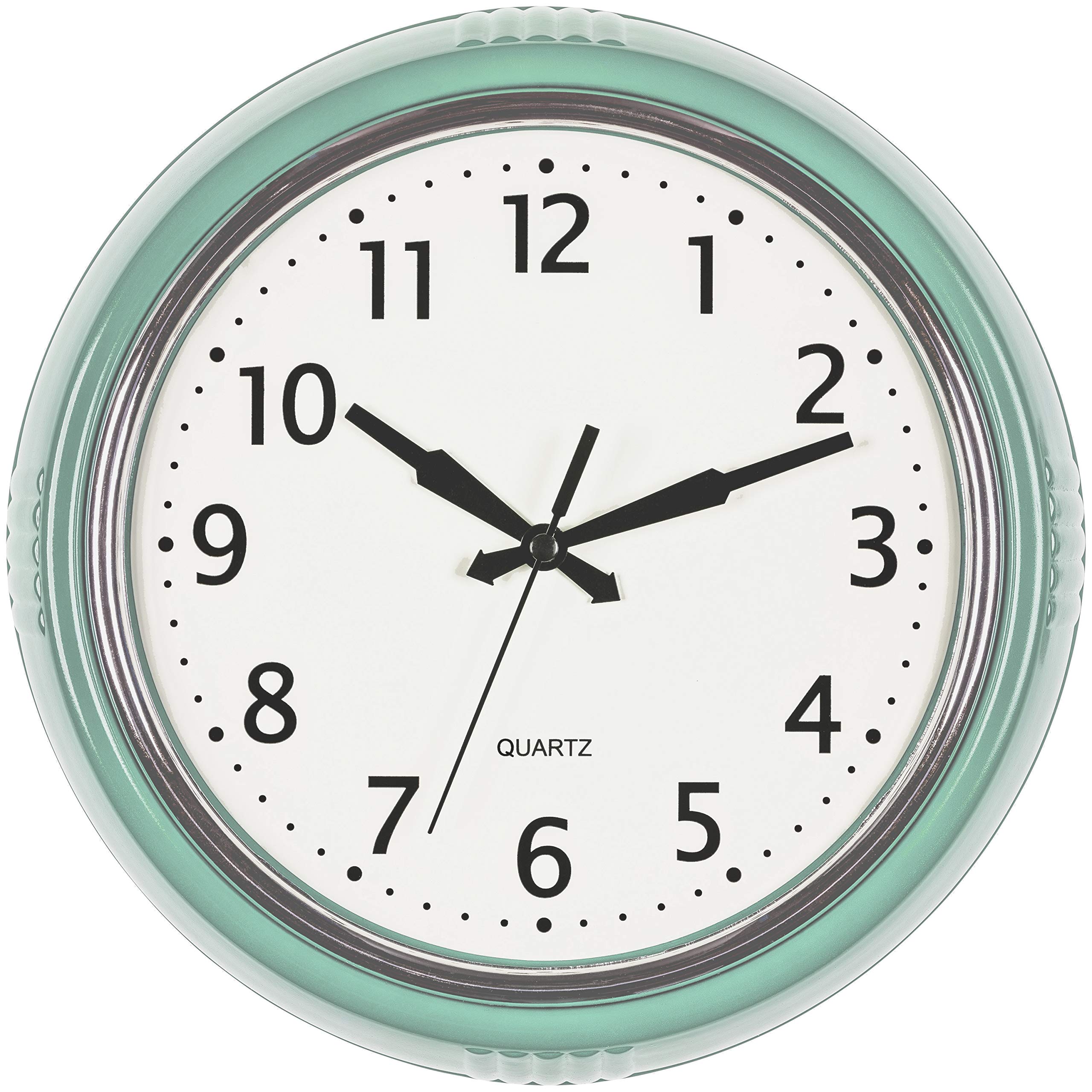 Bernhard Products Retro Wall Clock 9.5 Inch Green Kitchen 50's Vintage Design Round Silent Non Ticking Battery Operated Quality Quartz Clock (Seafoam Green)