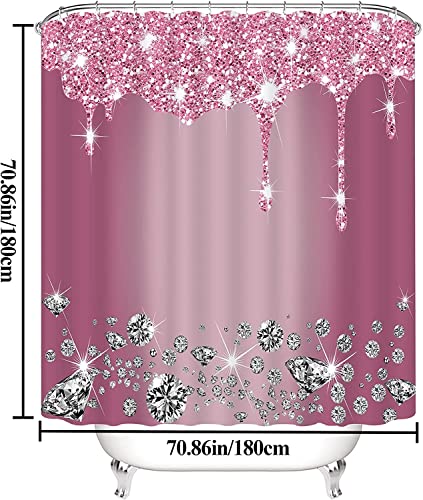 Glitter Diamond Shower Curtain for Bathroom Set Decor with Non-Slip Rugs Bath U-Shaped Mat Toilet Lid Cover Pink Bathroom Curtains Shower Set with 12 Hooks, Glitter Siamond Bathroom Set