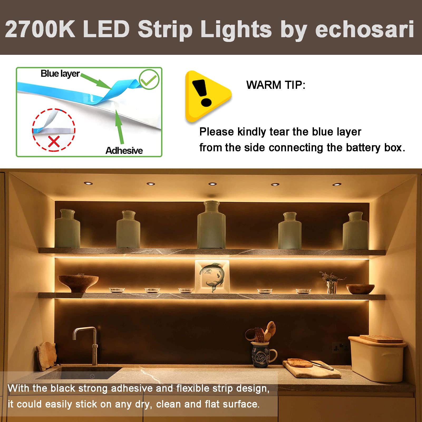 echosari Battery Powered Led Strip Lights with Remote Warm White, 8 Modes, Dimmable, Timer, Self-Adhesive, Cuttable, Waterproof, 9.8FT 90Led Strip Lights for TV Kitchen Cupboard Bedroom Decor
