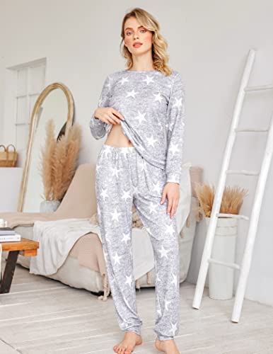 Ekouaer Womens Pajama Set Long Sleeve Sleepwear Star Print Nightwear Soft Pjs Lounge Sets with Pockets light Grey White Star Medium