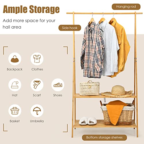Tangkula Bamboo Garment Rack, Freestanding Clothes Rack with 2-Tier Storage Shelves, Easy Assemble, Space-Saving Clothing Rack for Entryway, Bedroom (Natural)
