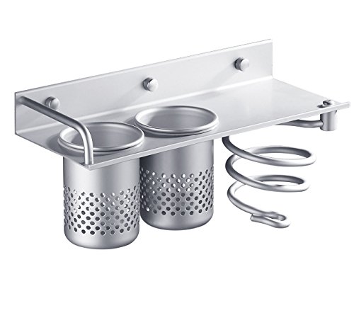 Cavoli Hair Blow Dryer Holder Wall Mounted,Space Aluminum, Nail Free Glue/ Drilling Screw, Bathroom Hanging Rack Organizer with 2 Cups