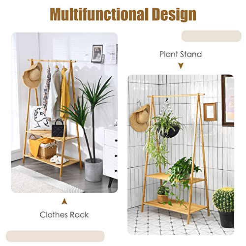 Tangkula Bamboo Garment Rack, Freestanding Clothes Rack with 2-Tier Storage Shelves, Easy Assemble, Space-Saving Clothing Rack for Entryway, Bedroom (Natural)