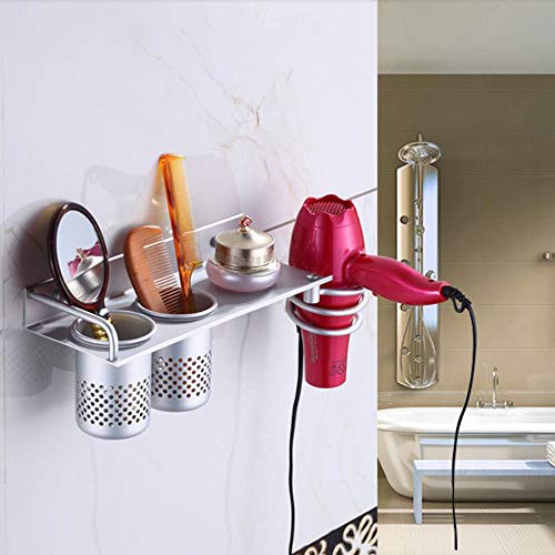 Cavoli Hair Blow Dryer Holder Wall Mounted,Space Aluminum, Nail Free Glue/ Drilling Screw, Bathroom Hanging Rack Organizer with 2 Cups
