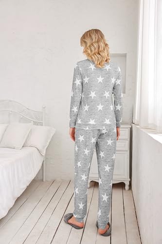 Ekouaer Womens Pajama Set Long Sleeve Sleepwear Star Print Nightwear Soft Pjs Lounge Sets with Pockets light Grey White Star Medium