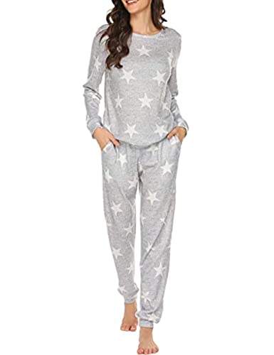Ekouaer Womens Pajama Set Long Sleeve Sleepwear Star Print Nightwear Soft Pjs Lounge Sets with Pockets light Grey White Star Medium