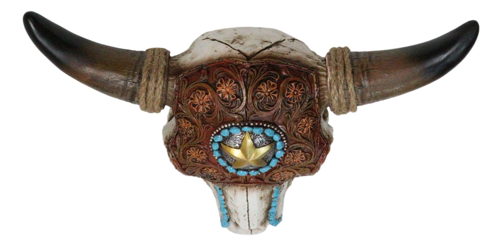 Ebros 13.25" Wide Western Star Tooled Leather Steer Bison Buffalo Bull Cow Horned Skull Head With Turquoise Beads Wall Mount Decor Replica Native Animal Totem Bust Skulls Hanging Plaque Sculpture