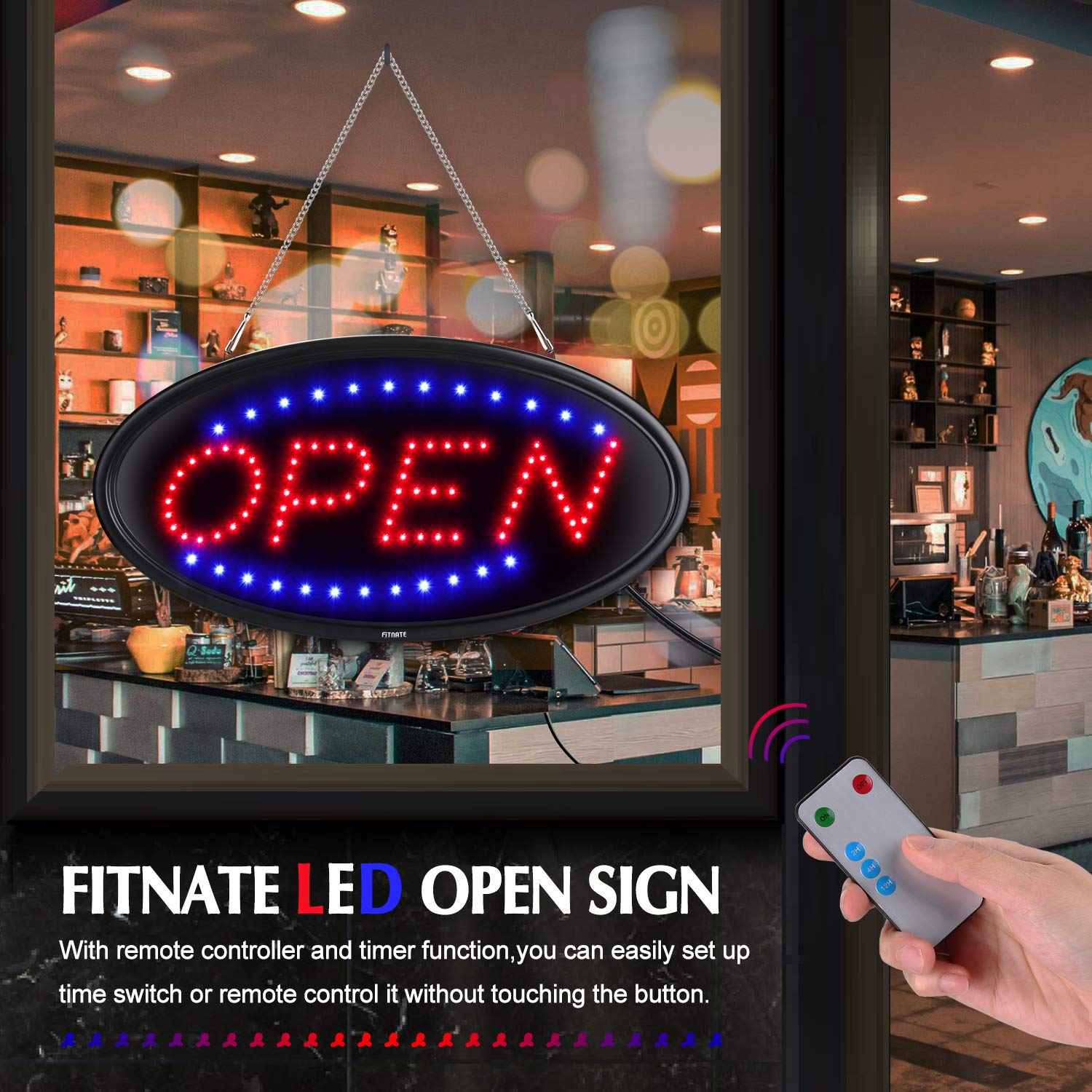 FITNATE LED Open Sign with Remote, Ultra Bright Electric Light Up Signs for Business, Timing Function, 2 Lighting Modes Flashing & Steady, Advertisement Board for Store, Bar, Hotel, Cafe (19x10 in)