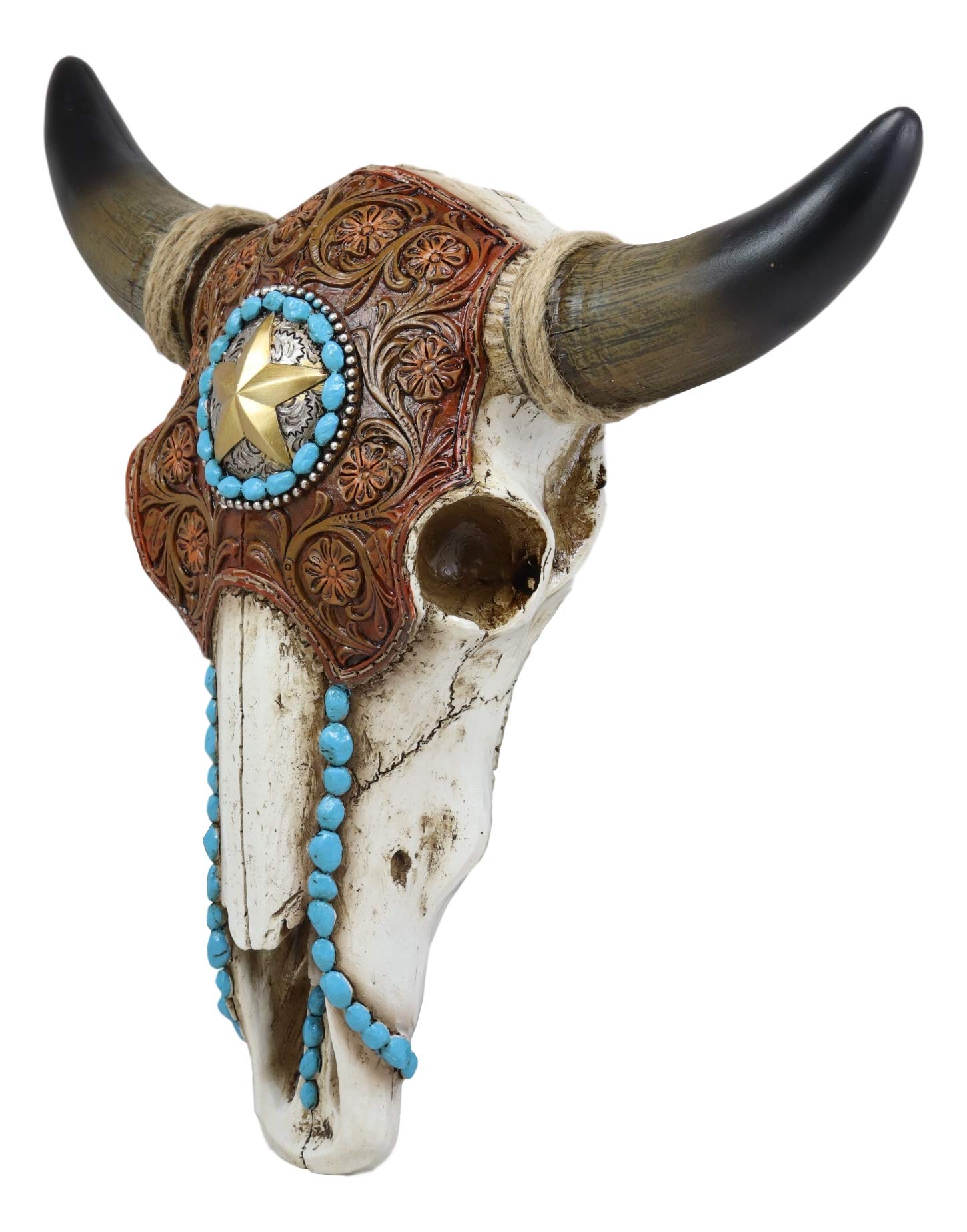 Ebros 13.25" Wide Western Star Tooled Leather Steer Bison Buffalo Bull Cow Horned Skull Head With Turquoise Beads Wall Mount Decor Replica Native Animal Totem Bust Skulls Hanging Plaque Sculpture