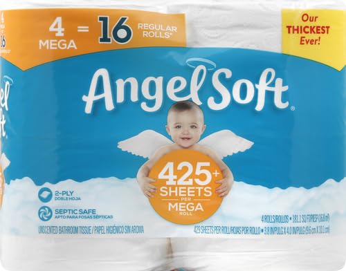 Angel Soft® Toilet Paper, 4 Mega Rolls = 16 Regular Rolls, 2-Ply Bath Tissue