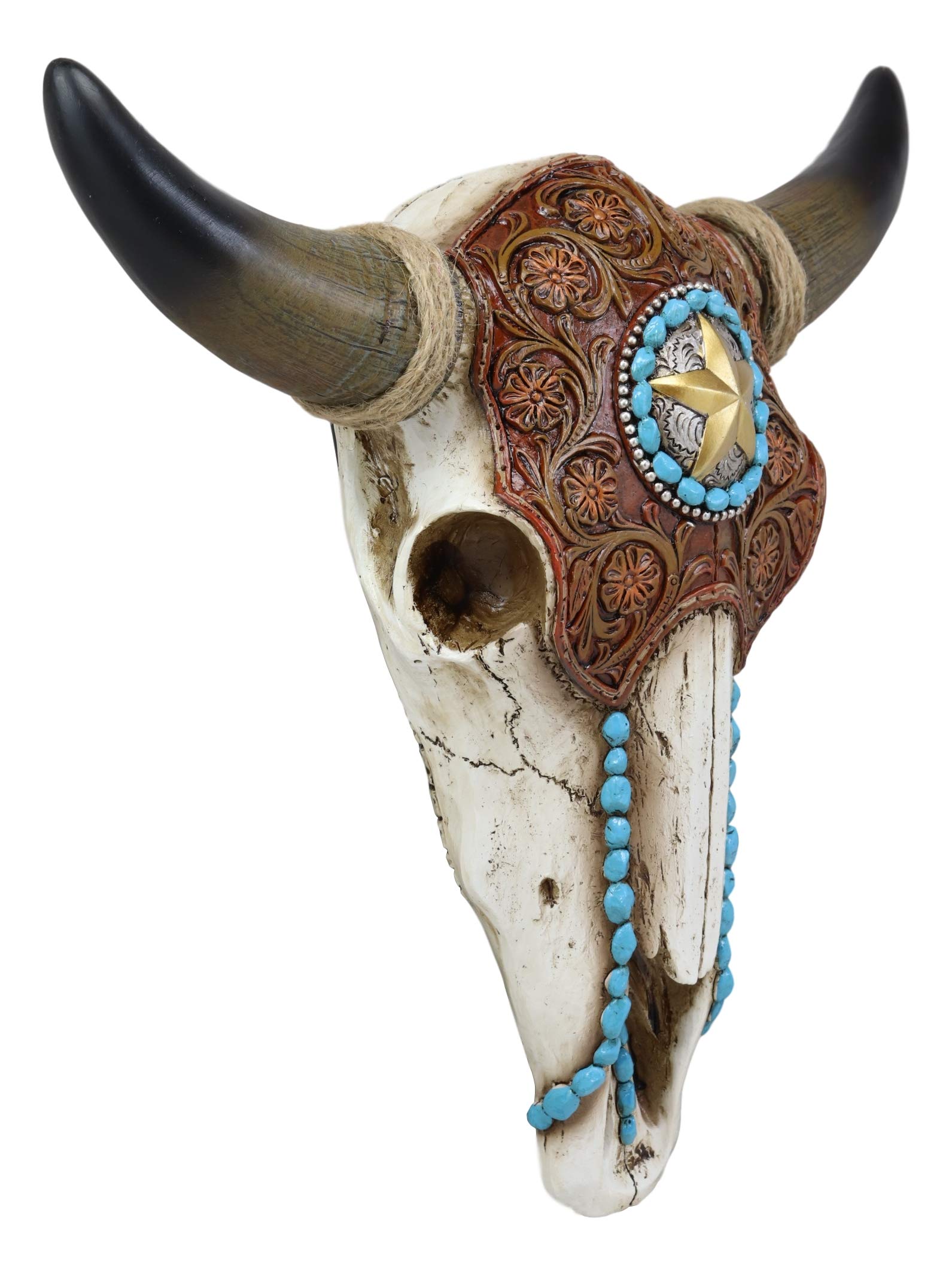 Ebros 13.25" Wide Western Star Tooled Leather Steer Bison Buffalo Bull Cow Horned Skull Head With Turquoise Beads Wall Mount Decor Replica Native Animal Totem Bust Skulls Hanging Plaque Sculpture