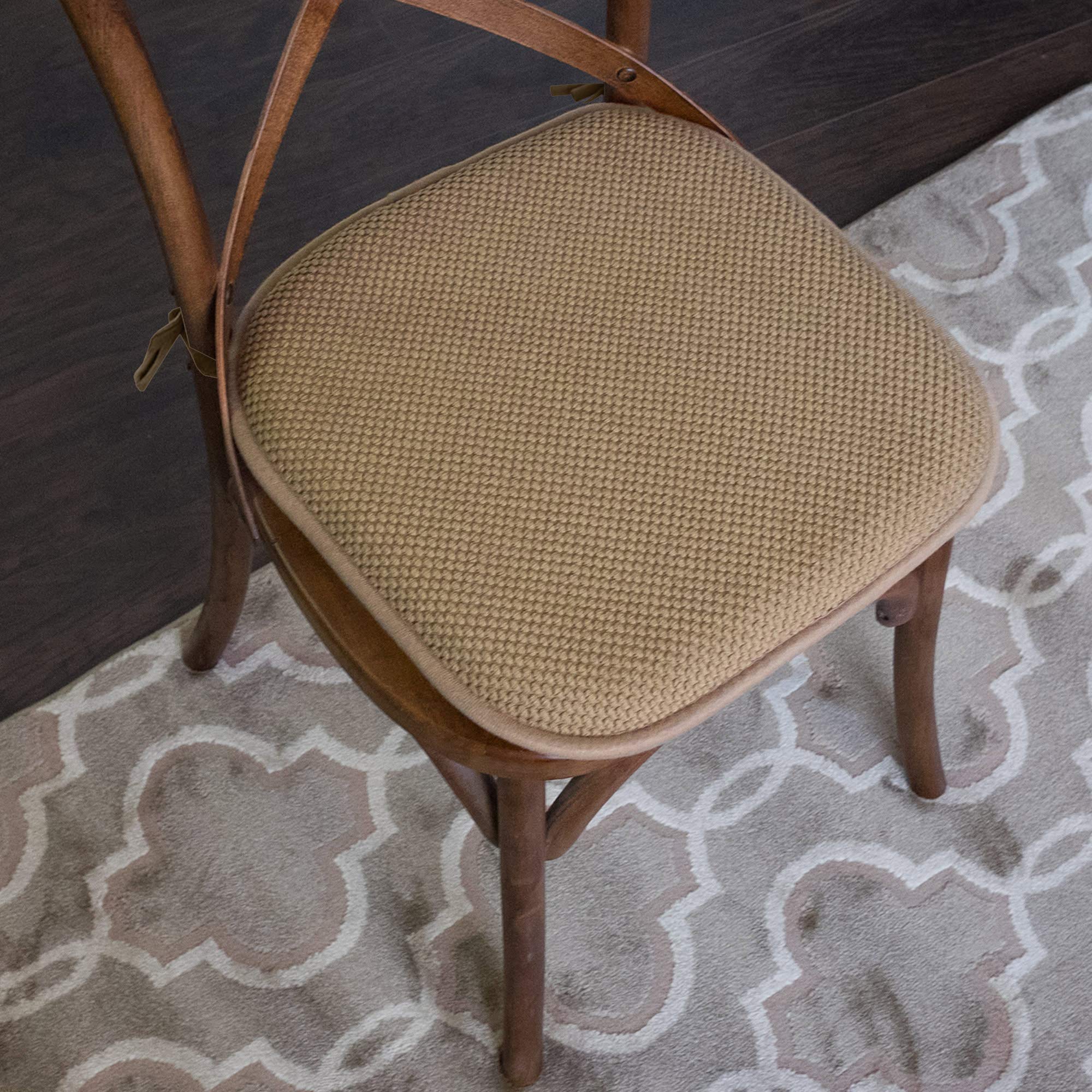 Sweet Home Collection Chair Cushion Memory Foam Pads with Ties Honeycomb Pattern Slip Non Skid Rubber Back Rounded Square 16" x 16" Seat Cover, 4 Pack, Taupe 4 Pack