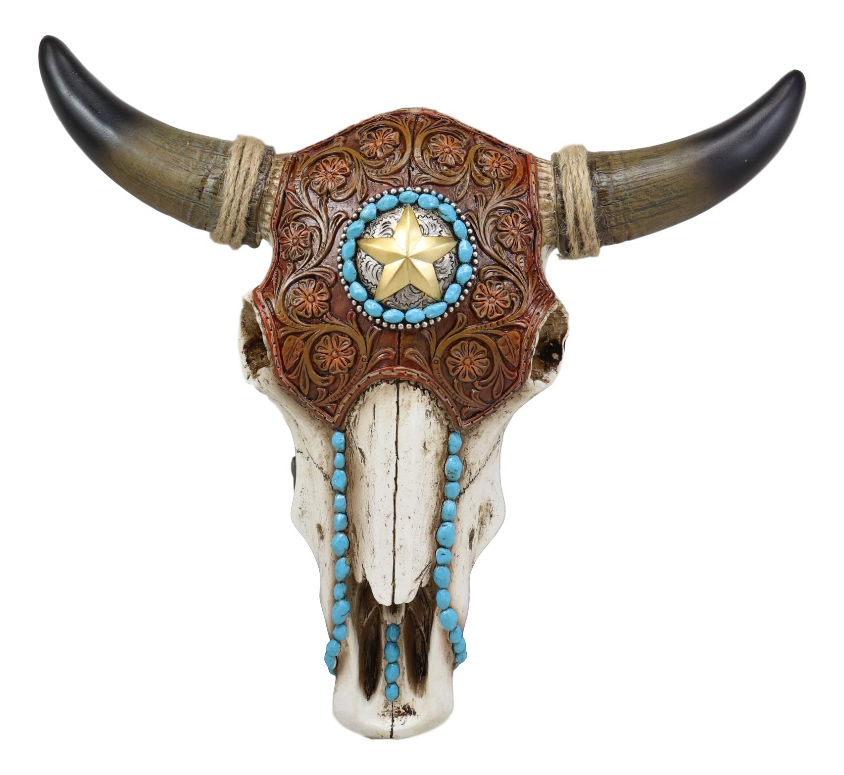 Ebros 13.25" Wide Western Star Tooled Leather Steer Bison Buffalo Bull Cow Horned Skull Head With Turquoise Beads Wall Mount Decor Replica Native Animal Totem Bust Skulls Hanging Plaque Sculpture