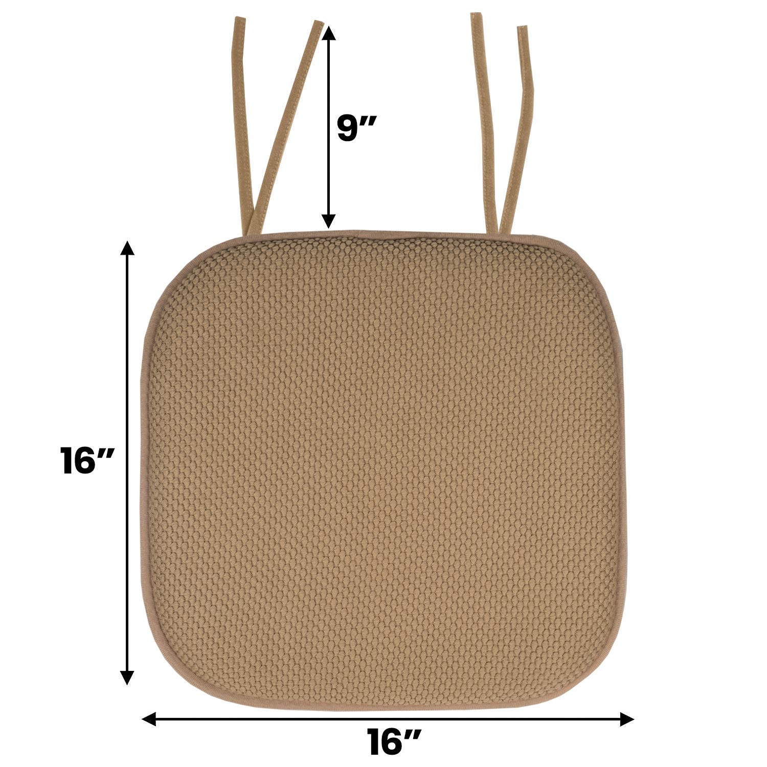 Sweet Home Collection Chair Cushion Memory Foam Pads with Ties Honeycomb Pattern Slip Non Skid Rubber Back Rounded Square 16" x 16" Seat Cover, 4 Pack, Taupe 4 Pack