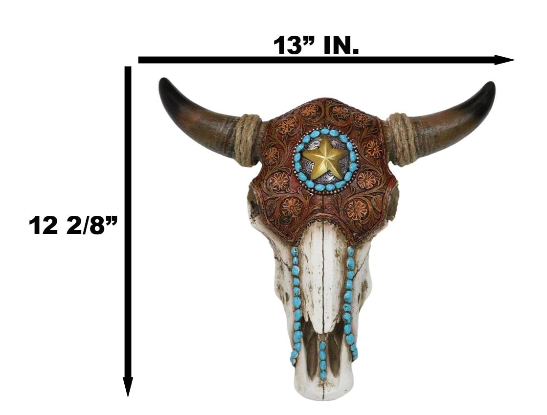 Ebros 13.25" Wide Western Star Tooled Leather Steer Bison Buffalo Bull Cow Horned Skull Head With Turquoise Beads Wall Mount Decor Replica Native Animal Totem Bust Skulls Hanging Plaque Sculpture