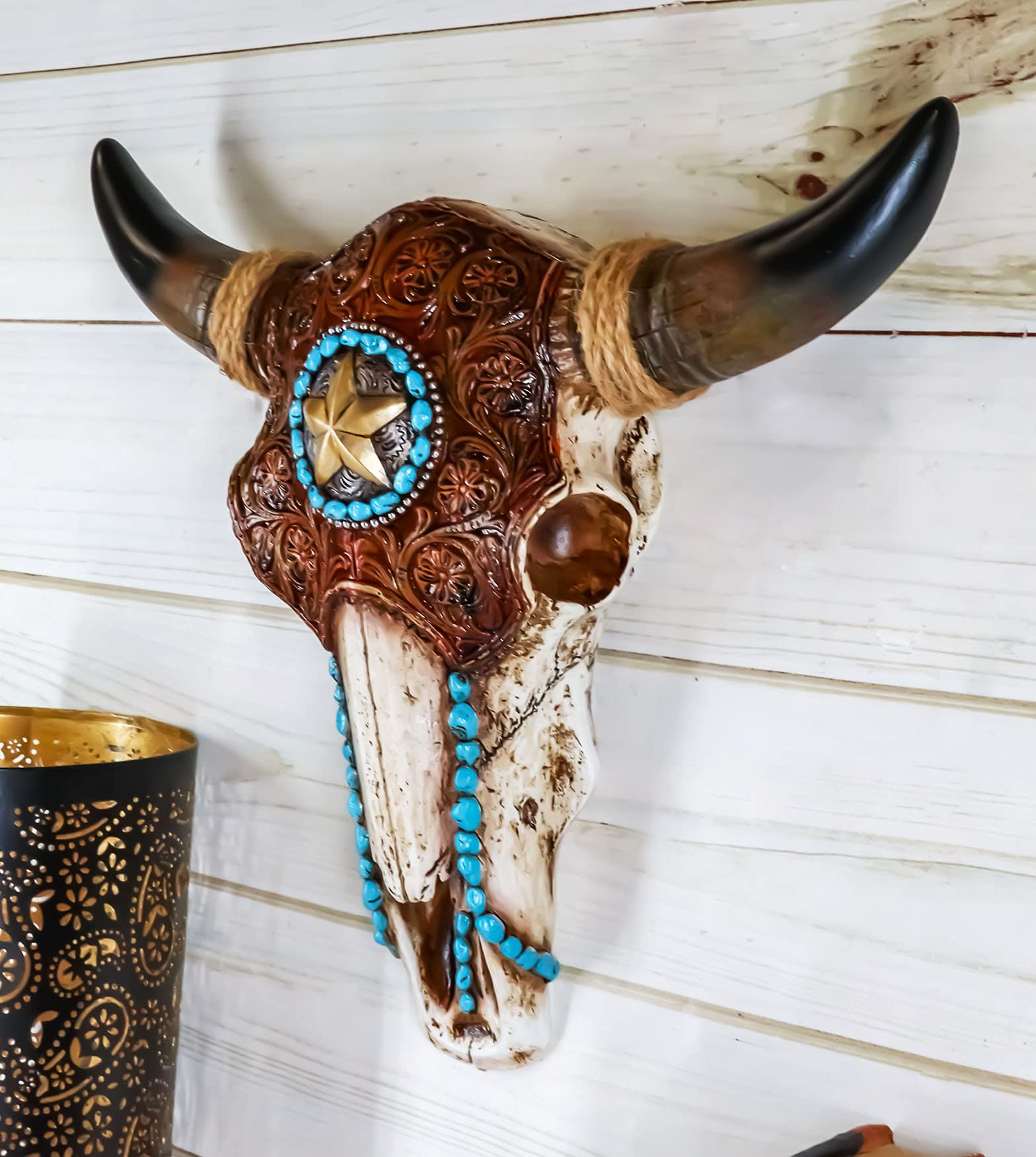 Ebros 13.25" Wide Western Star Tooled Leather Steer Bison Buffalo Bull Cow Horned Skull Head With Turquoise Beads Wall Mount Decor Replica Native Animal Totem Bust Skulls Hanging Plaque Sculpture