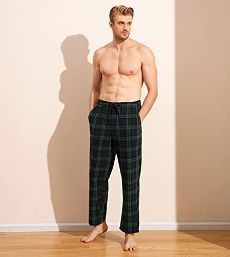 LAPASA Men's Pajama Pants 100% Cotton Flannel Plaid Lounge Soft Warm Sleepwear Pants PJ Bottoms Drawstring and Pockets M39 Medium (Flannel) Green+navy