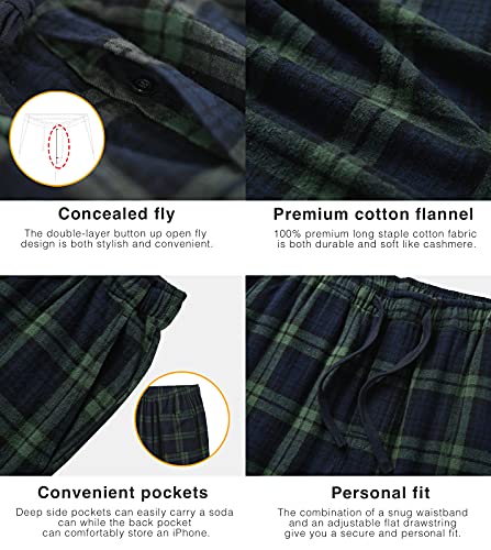 LAPASA Men's Pajama Pants 100% Cotton Flannel Plaid Lounge Soft Warm Sleepwear Pants PJ Bottoms Drawstring and Pockets M39 Medium (Flannel) Green+navy