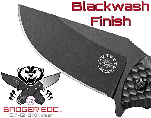 Off-Grid Knives - Badger EDC Knife, Cryo D2 Blade Steel, Grippy G10 Scales, Safety Grid-Lock, Reversible Tip-Up Deep Pocket Clip (Blackwash)