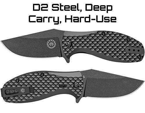 Off-Grid Knives - Badger EDC Knife, Cryo D2 Blade Steel, Grippy G10 Scales, Safety Grid-Lock, Reversible Tip-Up Deep Pocket Clip (Blackwash)