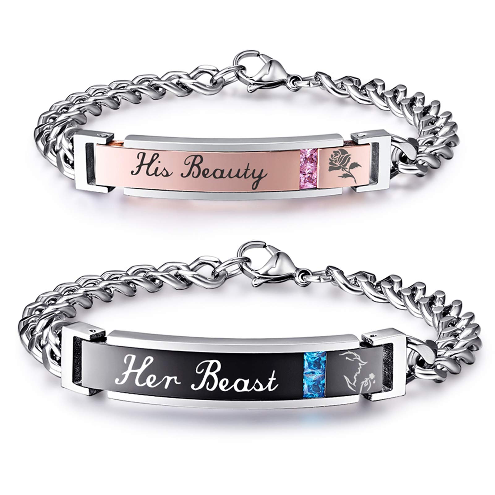 NEHZUS Mens Womens Personalized Bracelets, Couples Stainless Steel Bracelet with Custom Engraving for Friendship Relationship, Matching Couple Jewelry Gift (Beauty and Beast)