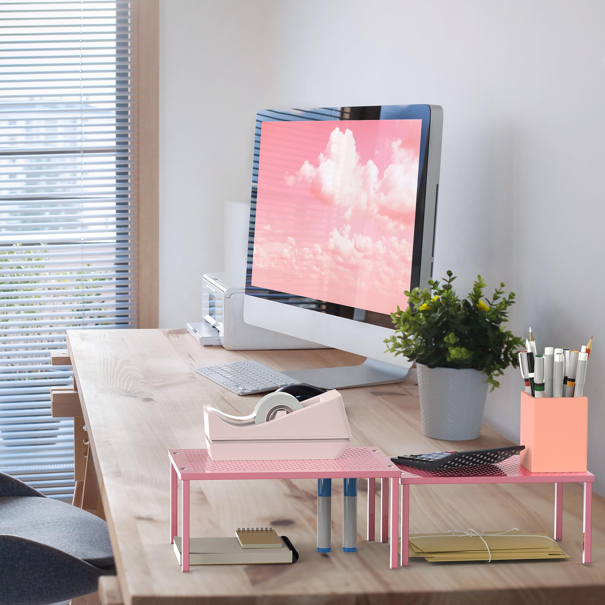 Simple Houseware Expandable Stackable Kitchen Counter Shelf Organizer, Pink, Metal Top, 11.25 in L x 7.9 in W x 5.4 in H