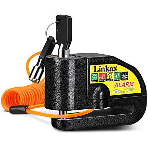 Linkax Motorcycle Alarm Disc Brake Lock, Accesorios para Motos, Motorcycle Locks Anti-Theft Security Wheel Lock 110dB 7mm Pin with Reminder Cable and Carry Pouch for Motorbike Dirt Bike Scooter