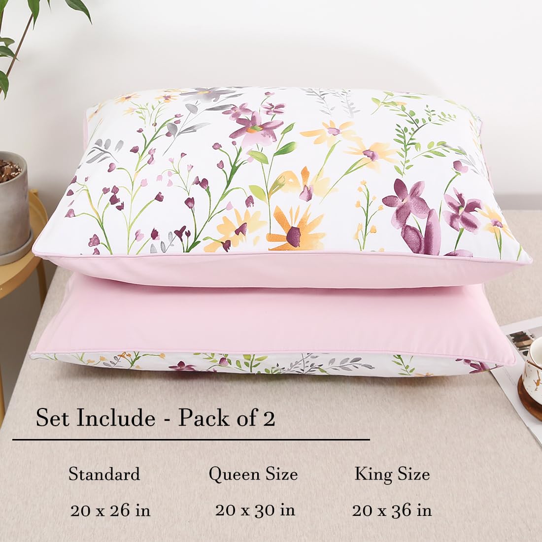 WINLIFE 100% Cotton Pillowcases Garden Floral Printed Pillow Cases Set of 2 Pillow Cover (Standard Queen 20x30'', Lilac)