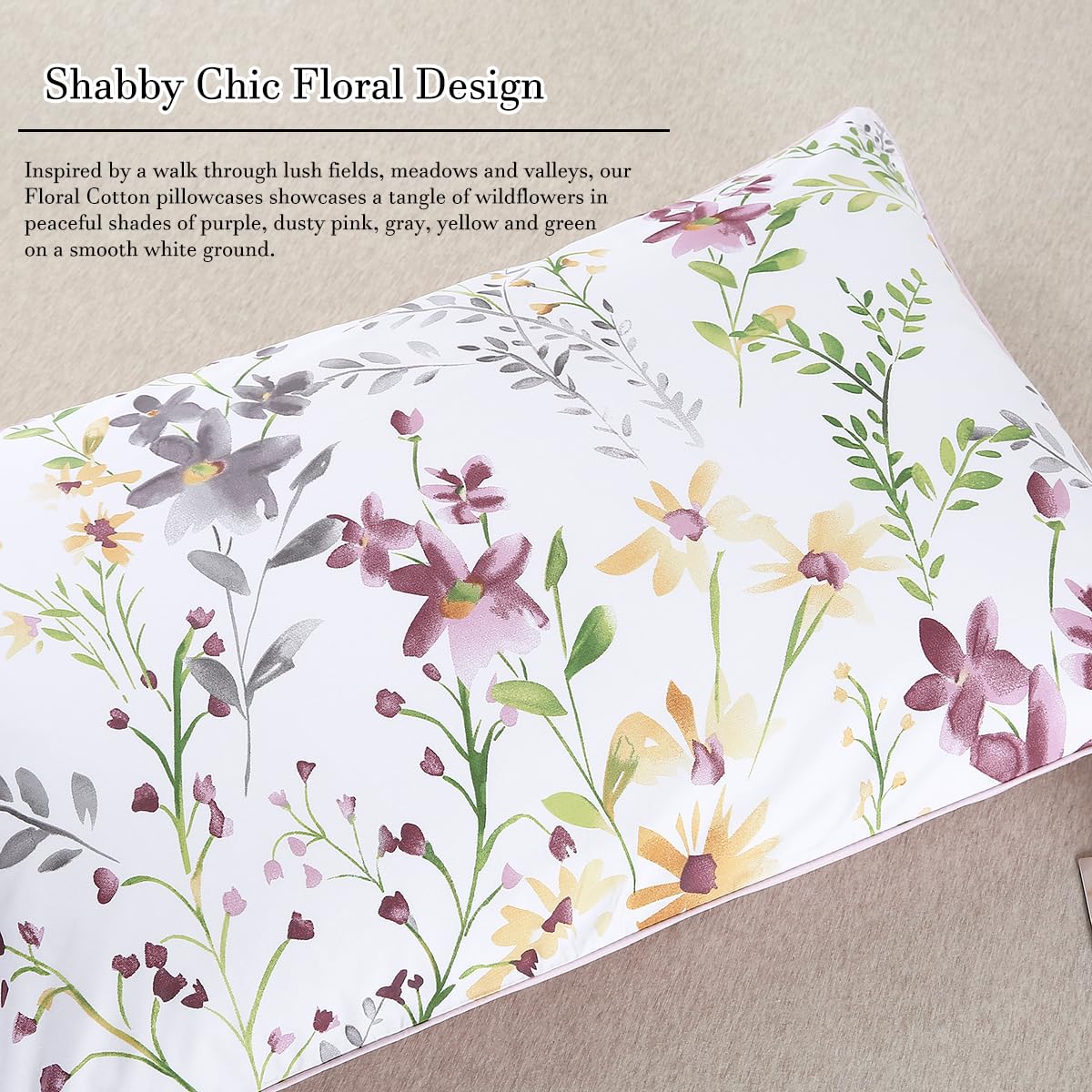 WINLIFE 100% Cotton Pillowcases Garden Floral Printed Pillow Cases Set of 2 Pillow Cover (Standard Queen 20x30'', Lilac)