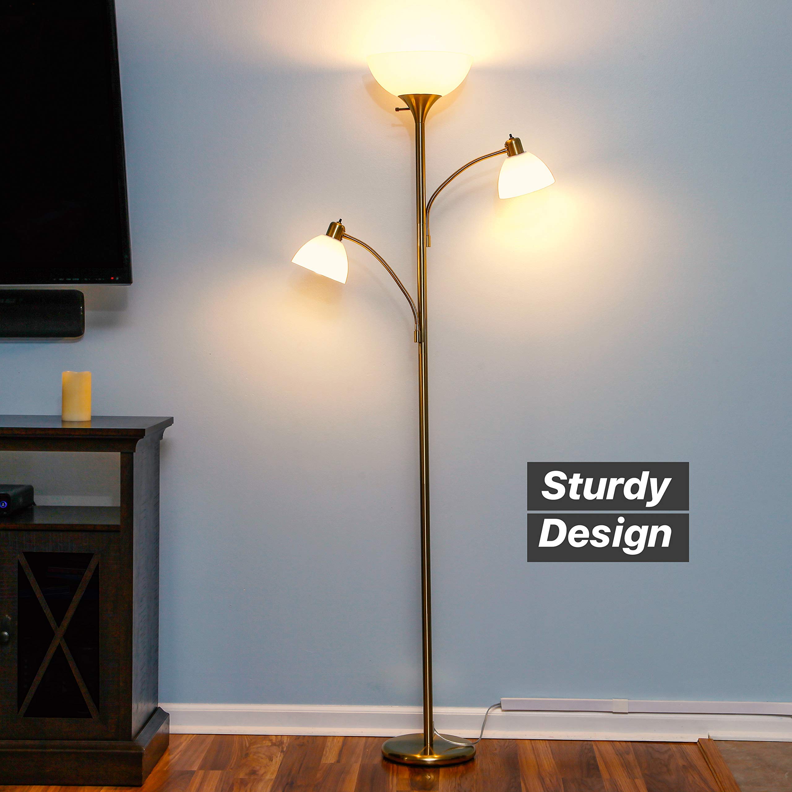 Brightech Sky Dome Double LED Floor lamp, Torchiere Super Bright Floor Lamp with 2 Reading Lamps for Living Rooms & Offices - Dimmable Tall Standing Lamp for Bedroom Reading - Tall Brass Pole