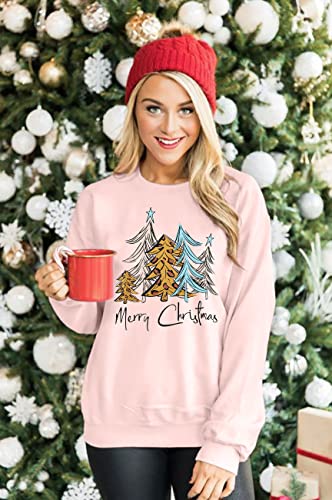 KIDDAD Christmas Sweatshirts for Women Merry Christmas Sweatshirt Funny Christmas Trees Graphic Holiday Party Pullover Tops Pink