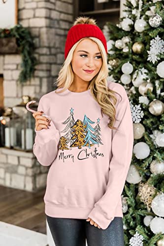 KIDDAD Christmas Sweatshirts for Women Merry Christmas Sweatshirt Funny Christmas Trees Graphic Holiday Party Pullover Tops Pink
