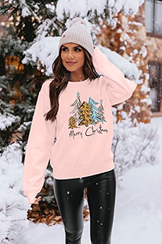 KIDDAD Christmas Sweatshirts for Women Merry Christmas Sweatshirt Funny Christmas Trees Graphic Holiday Party Pullover Tops Pink