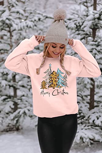 KIDDAD Christmas Sweatshirts for Women Merry Christmas Sweatshirt Funny Christmas Trees Graphic Holiday Party Pullover Tops Pink