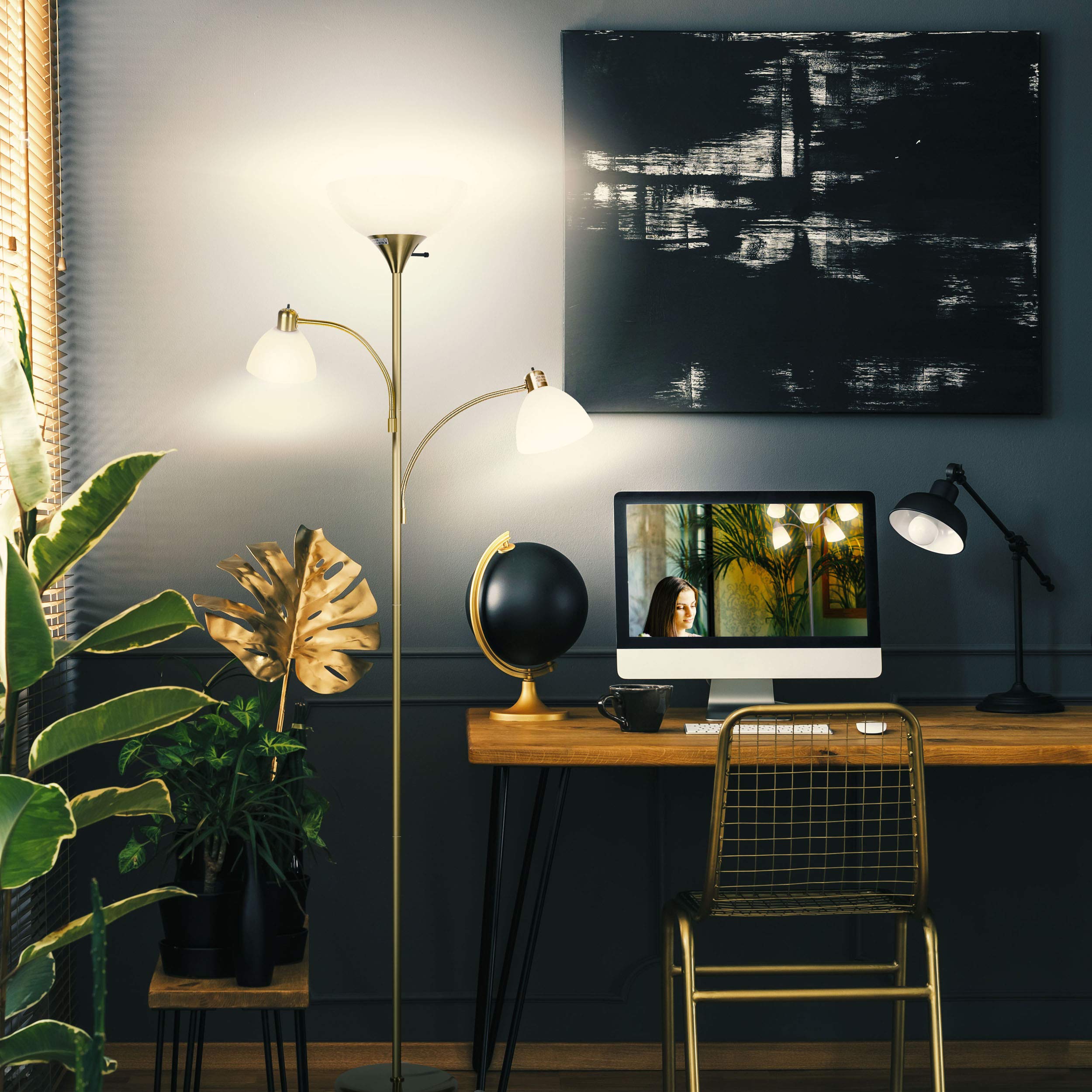 Brightech Sky Dome Double LED Floor lamp, Torchiere Super Bright Floor Lamp with 2 Reading Lamps for Living Rooms & Offices - Dimmable Tall Standing Lamp for Bedroom Reading - Tall Brass Pole