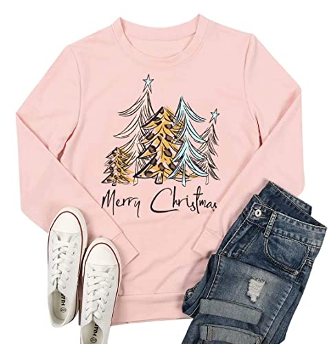 KIDDAD Christmas Sweatshirts for Women Merry Christmas Sweatshirt Funny Christmas Trees Graphic Holiday Party Pullover Tops Pink