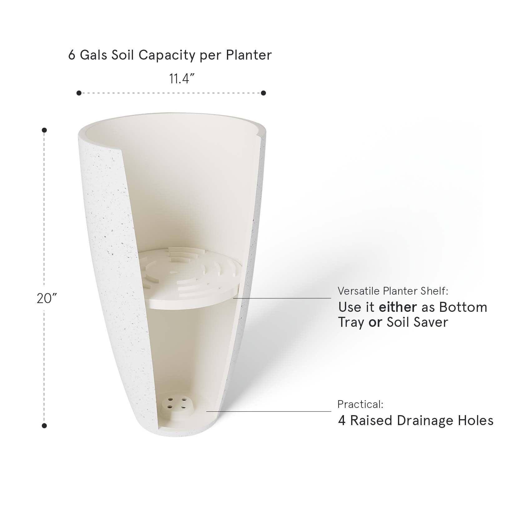 LA Jolie Muse 20 Inch Tall White Planters,Set of 2 Indoor/Outdoor Tall Planters with Shelf Insert and Trays,Modern Large Flower Pot for Front Front Door, Patio and Deck