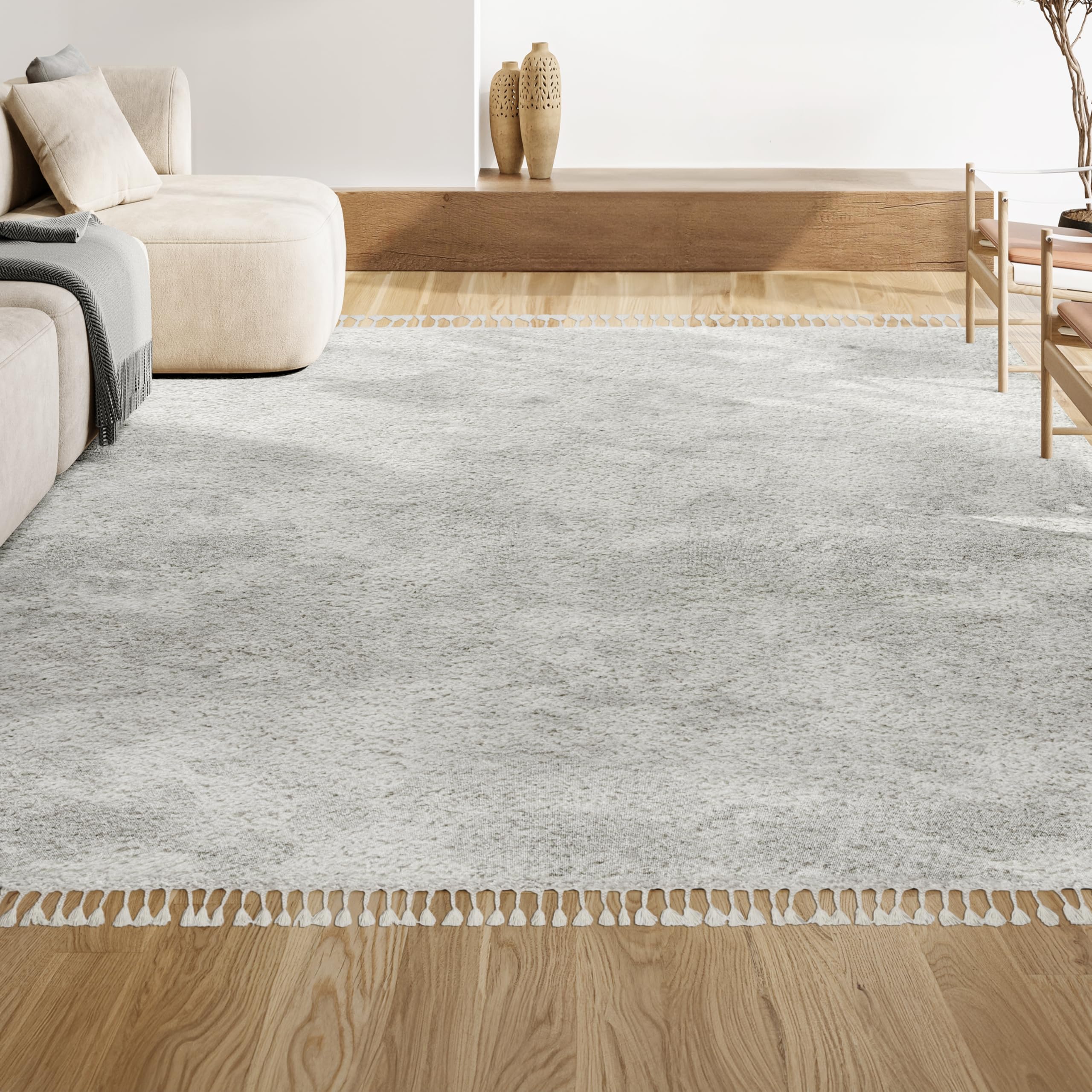 JONATHAN Y MCR100A-8 Mercer Shag Plush Tassel Indoor Area-Rug Bohemian Modern Contemporary Solid Easy-Cleaning Bedroom Kitchen Living Room, 8 X 10, White with Tassel