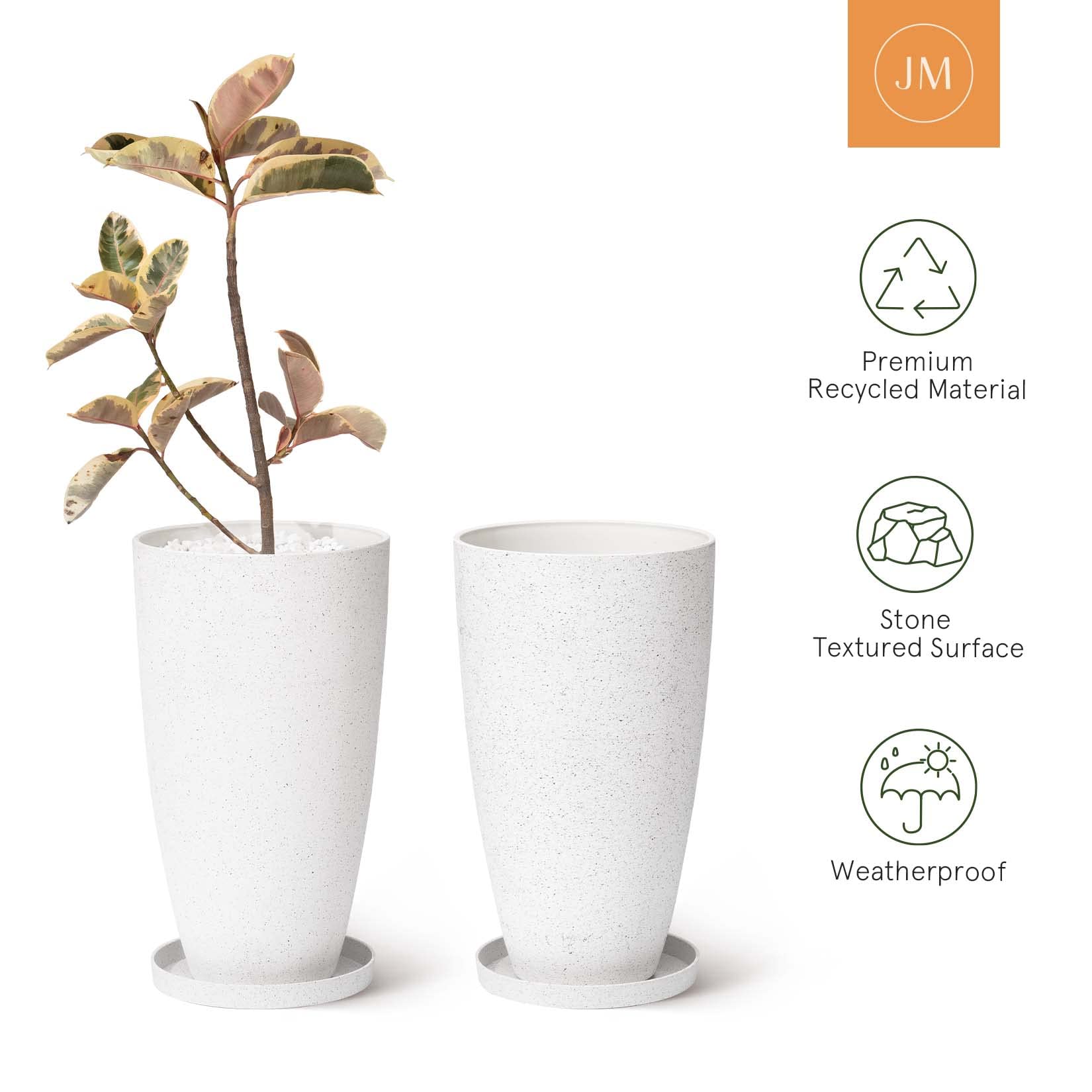 LA Jolie Muse 20 Inch Tall White Planters,Set of 2 Indoor/Outdoor Tall Planters with Shelf Insert and Trays,Modern Large Flower Pot for Front Front Door, Patio and Deck