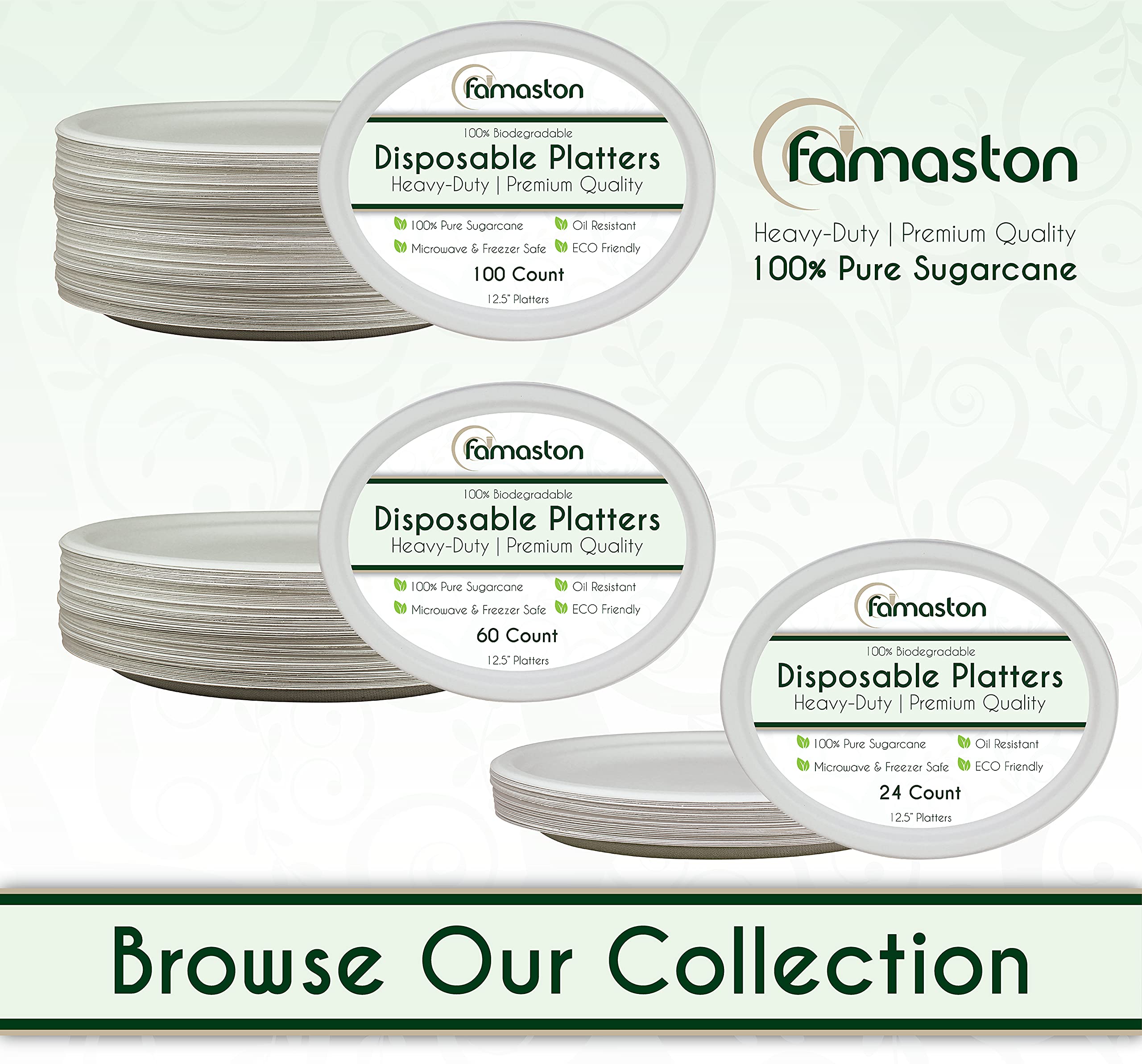 FAMASTON 100 pack Oval Paper Plates 12 inch 100% Compostable Heavy-Duty disposable extra large platters thanksgiving dinner party bulk 12" biodegradable platos - White