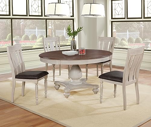 Roundhill Furniture Arch Solid Wood Dining Set: Round Table, Four Chairs, Distressed White and Dark Oak