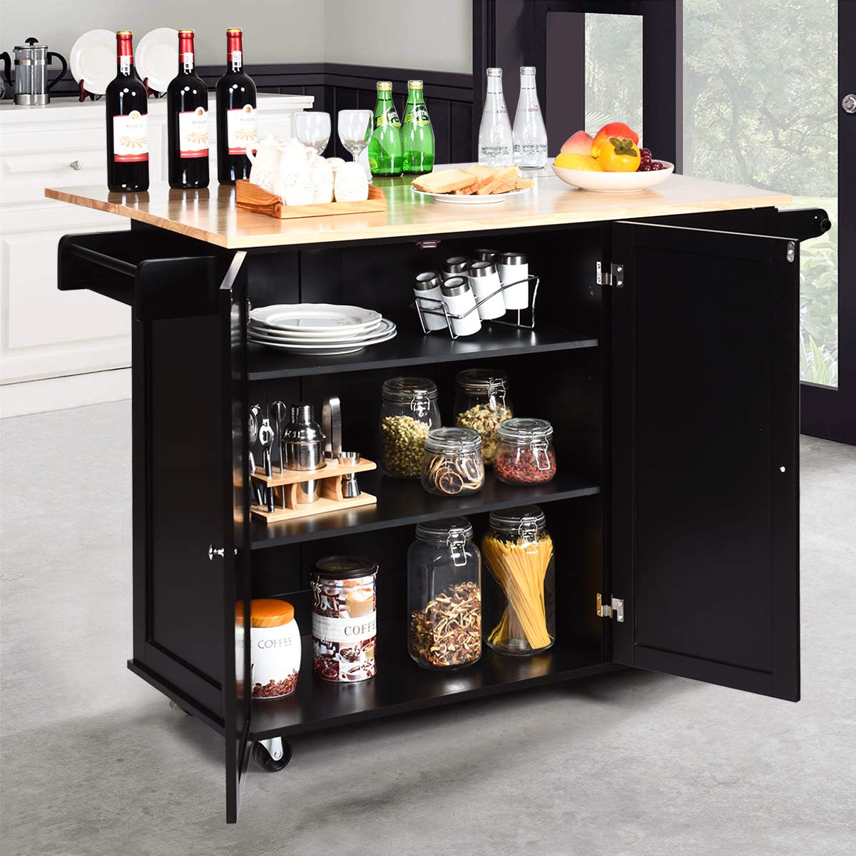 Giantex Kitchen Island Cart with Drop-Leaf Tabletop, Large Trolley Cart with Large Cabinet, 3 Drawers, Towel Rack, Kitchen and Dining Room Utensils Organizer on Wheels