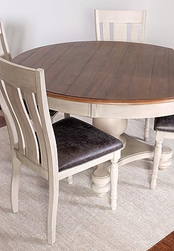 Roundhill Furniture Arch Solid Wood Dining Set: Round Table, Four Chairs, Distressed White and Dark Oak